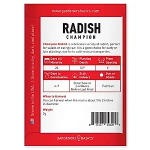 Radish Seeds for Planting - Champion Variety Heirloom, Non-GMO Vegetable Seed - 2 Grams of Seeds Great for Outdoor Spring, Winter and Fall Gardening by Gardeners Basics