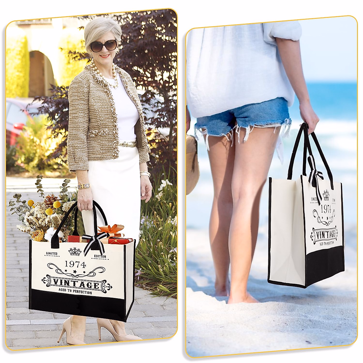50th Birthday Gifts for Women Canvas Tote Bag Travel Gear, Unique 50 Years Old Gifts for Wife Sister Mom Aunt Friends Her Turning 50, Vintage 1974 Beach Bag & Cosmetic Bag & Back in 1974 Poster