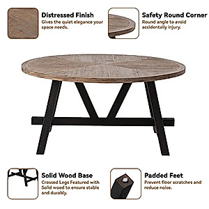 COZAYH Rustic Farmhouse Coffee Table with Geometric Base, French Country Accent Table for Family, Dinning or Living Room, Modern, Round, Coffee table Geometric Base (PH0402-4)