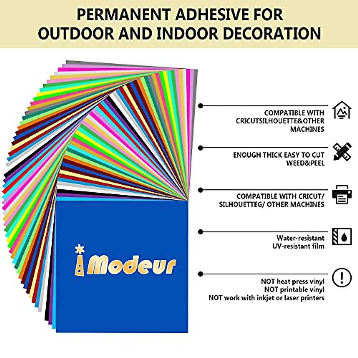 IModeur Permanent Adhesive Vinyl Bundle - 86 Pack Vinyl Sheets (12”x12”, Glossy, Matte, Metallic) for Most Cutting Machines and Party Decoration, Sticker, Craft Cutter, Car Decal