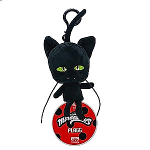 Miraculous Ladybug - Kwami Lifesize Plagg, 5-inch Cat Plush Clip-on Toys for Kids, Super Soft Collectible Stuffed Toy with Glitter Stitch Eyes and Color Matching Backpack Keychain (Wyncor)