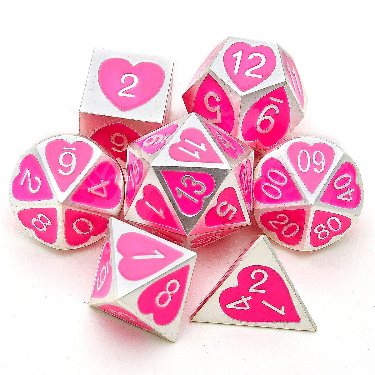 DND Metal dice Set, Heart-Shaped Pink Polyhedron 7-Piece Set, Suitable for Dungeon and Dragon RPG MTG or Board Game D &D Pathfinder, etc.