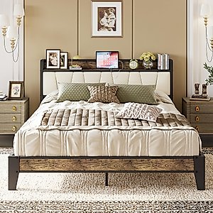 LIKIMIO Queen Bed Frame, Storage Headboard with Charging Station, Solid and Stable, Noise Free, No Box Spring Needed, Easy Assembly (Walnut and Beige)