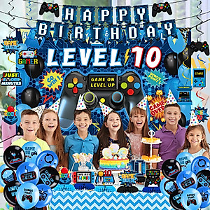 Vlipoeasn Video Game 10th Birthday Decorations for Boys, Blue Level 10 Banner Backdrop Honeycomb Centerpieces Hanging Swirls for 10th Birthday Party, Gamer 10 Years Old Party Supplies