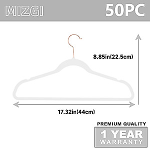 MIZGI Premium Velvet Hangers (50 Pack) Heavy Duty - Non Slip Felt Hangers - White - Rose Gold Swivel Hooks,Space Saving Clothes Hangers,Durable Strong Hangers for Suits,Coats,Dress