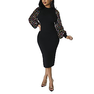 Sexy Black Dress for Women Party Club Night Dress Crewneck Sequin Long Sleeve Bodycon Midi Dress Black S