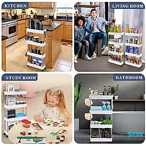 AOSION Slim Storage Cart with Wheels, White, 5.1in Width, 4-Tier Kitchen Storage Organizer, Waterproof and Rust-Proof