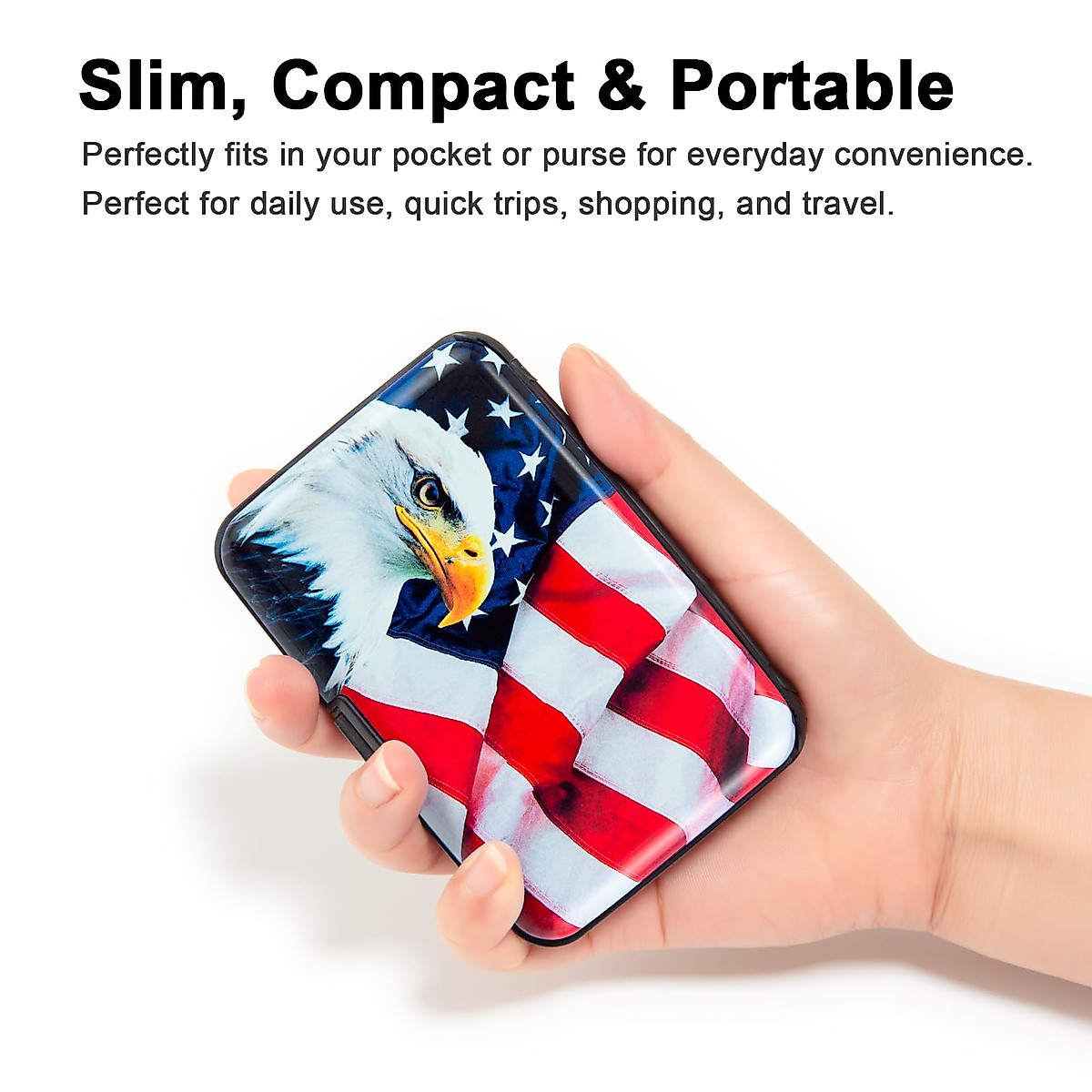Kaabao Credit Card Holder, RFID Blocking Small Metal Credit Cards Holder Wallet for Women Men Business Aluminum Protector Sleeves Slim Case (Bald Eagle on American Flag)