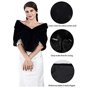 Unicra Wedding Fur Wraps and Shawls Faux Fox Fur Stoles Winter Cover Up with Rhinestones Brooch for Women and Girls (US 4-14(S-M), Black)