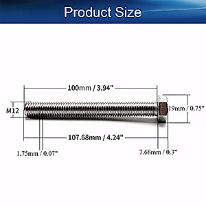 Bettomshin 5Pcs M12 x 100mm Hex Bolts, 304 Stainless Steel 1.75mm Thread Pitch Fully Threaded Metric Hex Head Screw Bolts, Hexagon Screw Bolt, Hex Tap Bolts, Silver (Overall Size 107.68x19x19mm)