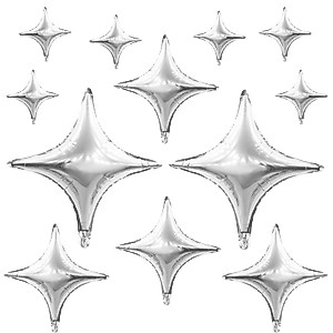 HILAVO 12PCS Silver Star Balloons, 24in 18in 10in Four Angle Star Shaped Balloons Silver Foil Balloons for Wedding, Baby Shower, Birthday Party Decorations