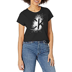 Calvin Klein Women's Soft Ck Logo Splatter Foil Sparkly Cotton Span Jersey Everyday T Shirt, Black, Large