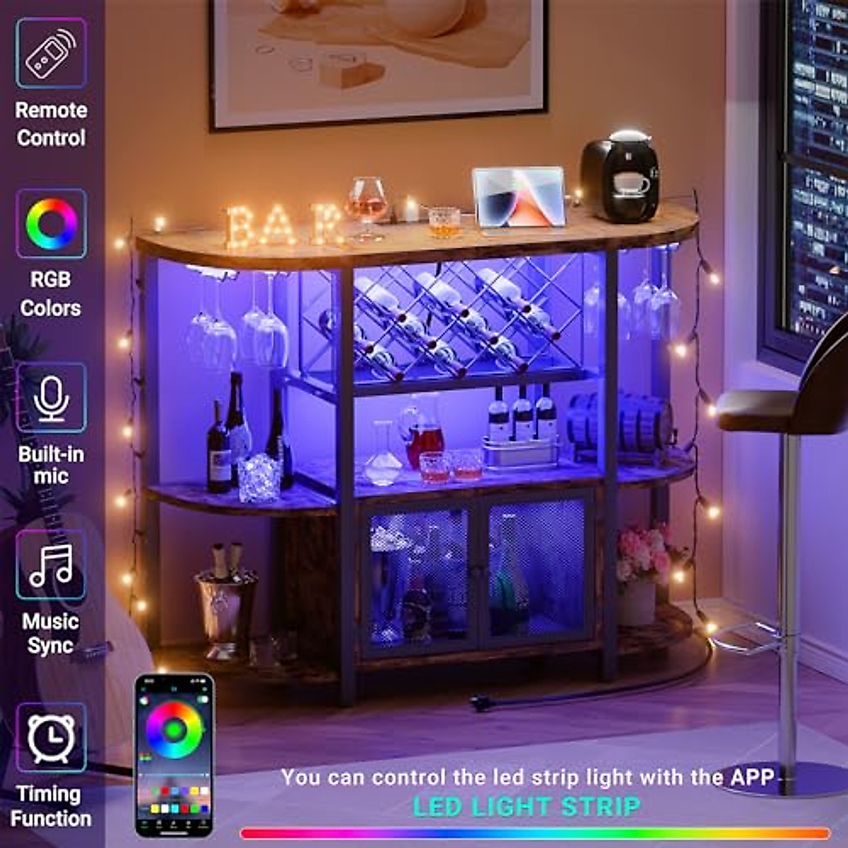 Hyomdeck Wine Bar Cabinet with LED Lights and Power Outlets, Industrial Coffee Bar Cabinet for Liquor and Glasses, Farmhouse Bar Cabinet with Freestanding Wine Racks for Kitchen/Dining, Rustic Brown