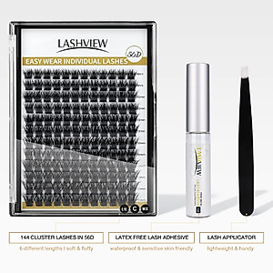 LASHVIEW DIY Lash Extension Kit,Cluster Lashes,Individual Cluster Lashes Soft and Lightweight, 0.10mm 9-14mm Mixed Reusable Wide Band Lash Cluster at Home