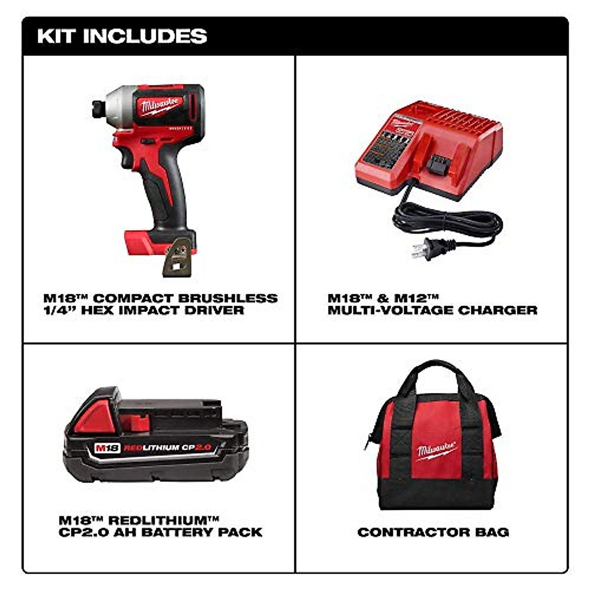 Milwaukee 2850-21P SB M18 Compact Brushless Cordless 0.25 Inch Impact Driver Kit with 1 Battery