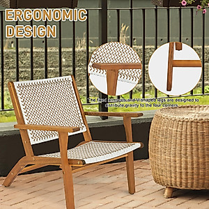 Outvita Natural Stain Outdoor Chair, Mid Century Modern Accent Armchair, Reading Lounge Chair with Ecru Handwoven Rope and Solid Acacia Wood Frame for Bedroom Patio Balcony Indoor