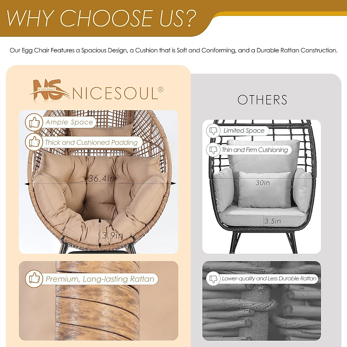 NICESOUL® 2 Person Indoor Outdoor Stationary Wicker Egg Chair Oversized Thicken Cushions Double Egg Seat 440lbs Egg Basket Lounge Chair with Ottomans, Boho Rattan Chair for Patio Brown