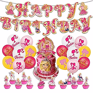 Birthday Party Supplies for Barbie, babi Party Decorations Include Happy Birthday Banner, Cake Topper, Cupcake Toppers, Latex Balloons.