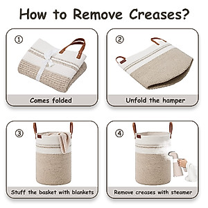 VIPOSCO Small Laundry Basket, Slim Baby Hamper with Leather Handle, Cute Woven Rope Storage Basket for Blanket, Kids Toy, Clothes In Living Room, Bathroom, Bedroom, Nursery Room - 30L Brown & White