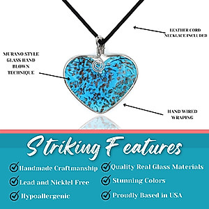 BESHEEK Handmade Murano Inspired Metal Frame Blown Glass Lampwork Art Pendant Necklace for Women│ Handcrafted Artisan Hypoallergenic Italian Style Jewelry (Blue and Gold Heart)