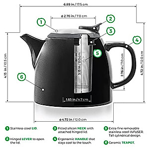 Tealyra - Drago Ceramic Small Teapot Black - 22oz (2-3 cups) - With Stainless Steel Lid and Extra-Fine Infuser for Loose Leaf Tea - Lead-free - 650ml