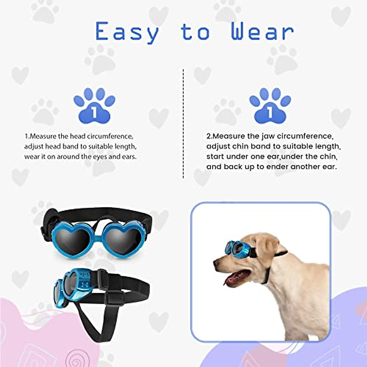 APOSU Dog Sunglasses Small Breed Goggles UV Protection with Adjustable Strap Doggy Heart Shape Anti-Fog Sunglasses Eye Wear Protection for Puppy Sun Glasses Doggie Windproof Glasses (Blue)