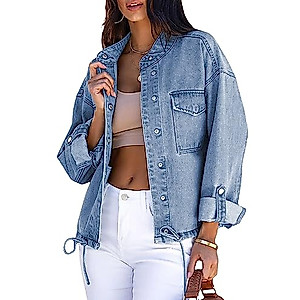 Dokotoo Jean Jackets for Women Cropped Jackets Fashion Spring Fall 2023 Casual Long Sleeve Utility Cargo Denim Jacket Button Down Trucker Shacket Jackets Coat with Pockets Sky Blue Medium