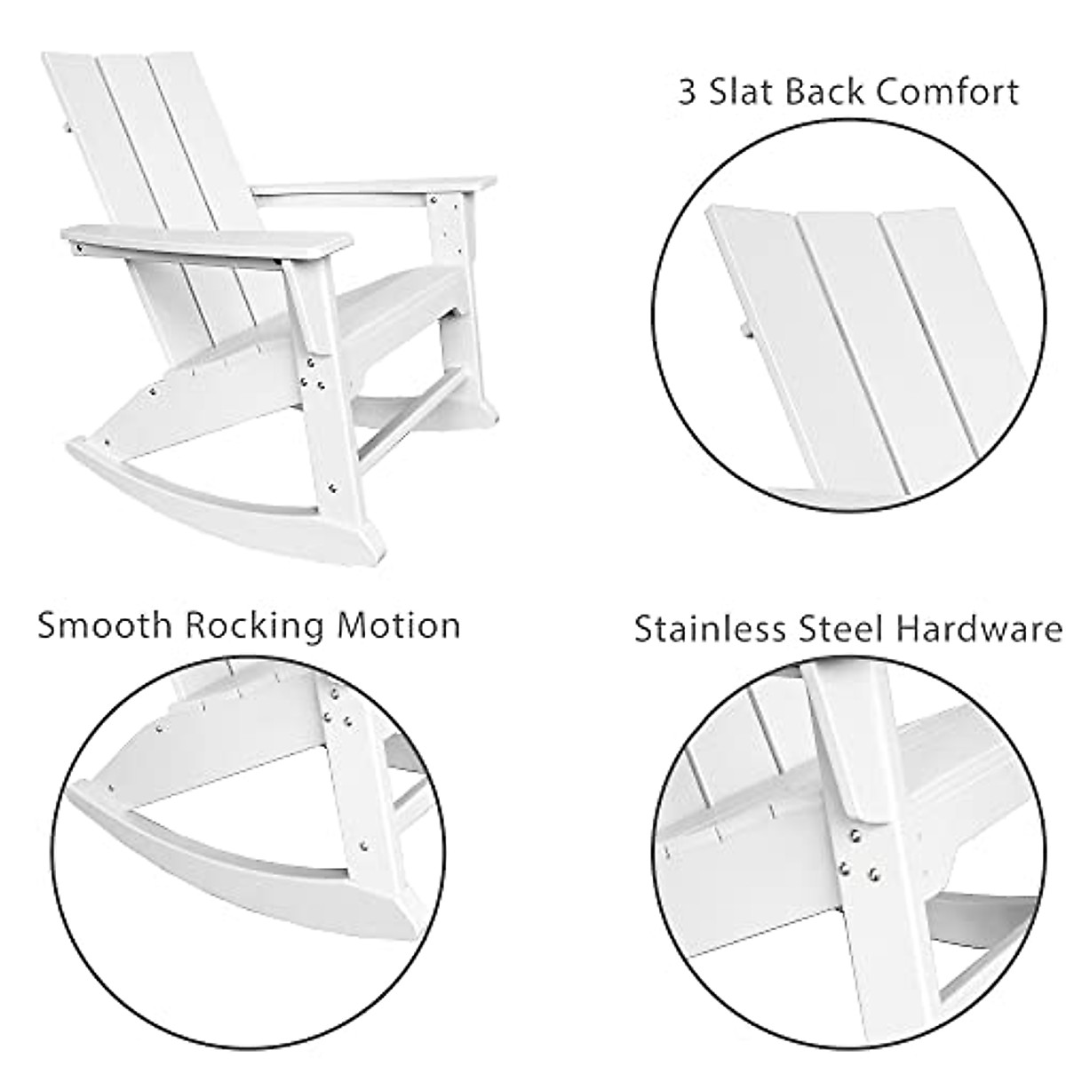 RESINTEAK Modern Adirondack Rocking Chair Set of 2, All Weather Resistant, Ergonomic Design and Comfort, 20 Inch Wide Seat, up to 350 lb Big and Tall Porch Rockers for Backyards, Firepit, Deck (White)