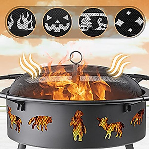 FUNBERRY Fire Pits for Outside,Outdoor Fire Pits with Grill,Wood Burning Fire Pit,30 Inch Firepit with Spark Screen,Log Grate,Poker