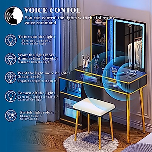 WOOVIVS Makeup Vanity with LED Lights, Vanity Desk with USB+Type-C+Wireless Charging Station, Small Vanity Set has Voice Control/2 Drawer/Stool, Vanity Mirror with Lights for Makeup Desk, Black Vanity