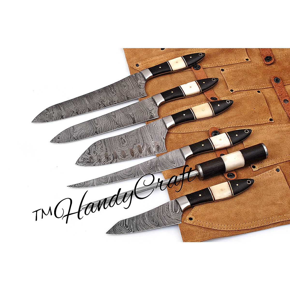 HandyCrafts Hk71 Damascus Chef knife set of 6 pieces Professional utility japanese style BBQ Steel with Black American wood and Camel Bone Leather Sheath Cover, HC71, Black/White, 11 x 3 x 2 inches
