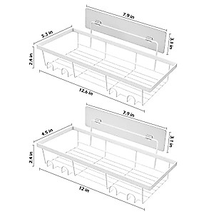Durmmur 2 Pack Adhesive White Shower Caddy Organizer with Hooks, Rustproof No Drilling Wall Mounted Storage Shelf Rack for Inside Shower/Bathroom/Kitchen
