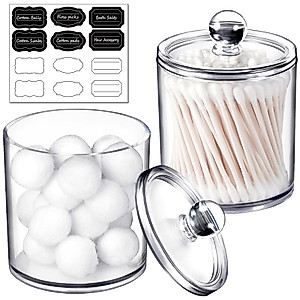 2 Pack of 15 Oz. Qtip Dispenser Apothecary Jars Bathroom with Labels - Qtip Holder Storage Canister Clear Plastic Acrylic Jar for Cotton Ball,Cotton Swab,Q-tips,Cotton Rounds (2 Pack of 15 Oz.，Small )