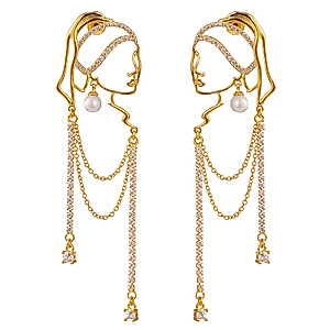 Unique abstract face Art earrings dangle statement long earrings for women rhinestone tassel handwork earrings jewelry fashion chandelier earrings (gold)