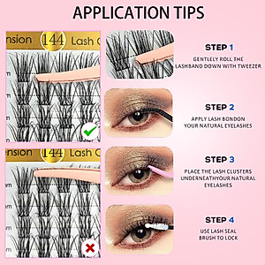 Eyelash Extension Kit with 144 Pcs DIY Lash Clusters, Bond and Seal and Tweezers D Curl Reusable Individual Lashes Cluster Super Thin Band & Soft for Beginners Self Application DIY at Home, by Kmilro