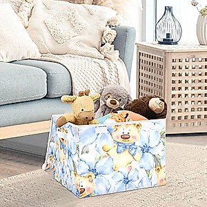 RunningBear Blue Flowers Teddy Bear Large Storage Bins with Lid Collapsible Storage Bin Dog Toy Storage Bin Fabric Storage Baskets for Closet Nursery Cabinet Living Room
