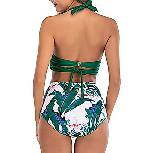 Womens Vintage Bikini Swimsuits Modest Knot Halter Criss Cross Back Push Up Bra Tops Beach Wear Swim 2 Pieces Bathing Suits (Green Leaves,L)