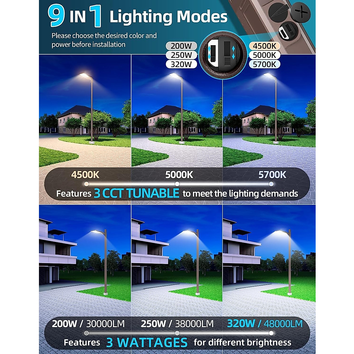 ADUB 150W LED Post Light, 21,000 LM, DLC ETL Listed, LED Parking Lot Light 320W 250W 200W Adjustable, LED Shoebox Light 5700K 5000K 4500K