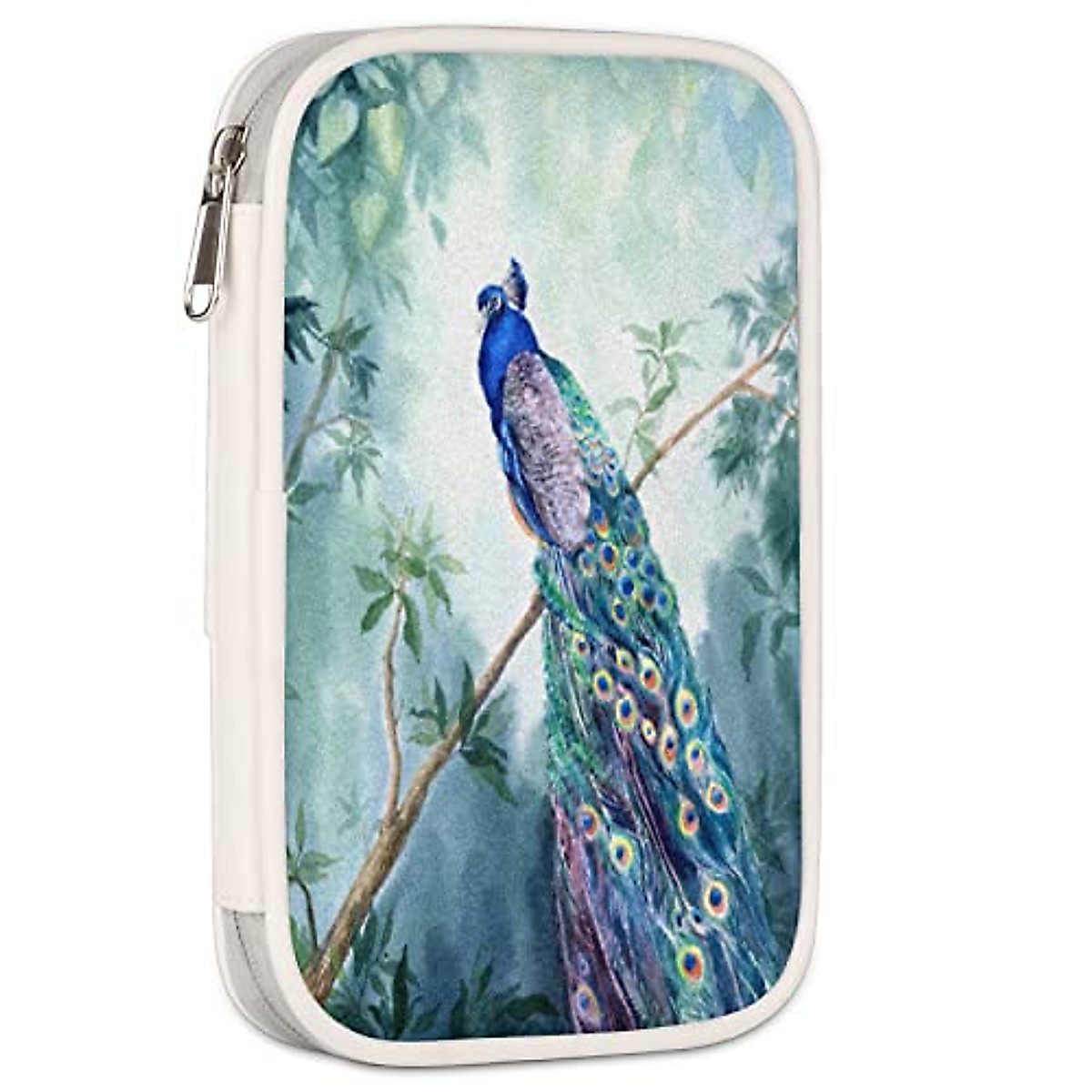 Peacock Pencil Case Holder, Tropical Peacock Tree Branch Zipper Pencil Pouch Multi-Purpose Cosmetic Makeup Brush Bag Stationery Box Passport Organizer Bag