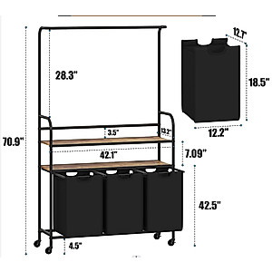 kepptory Laundry Basket 3 Section, 3 × 11.5 Gal (47L), Laundry Hamper Laundry Sorter 3 Section with Shelves and Clothes Hanging Bar, Rolling 3 Compartment Laundry Hamper for Laundry Bathroom Bedroom