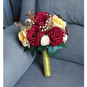 Abbie Home Burgundy & Gold Bridal Wedding Bouquet - Real Touch Silk Rose in Champagne with Gold Beads Eucalyptus Decoration for Wedding Vow Renewal