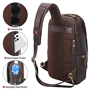 TIDING Vintage Full Grain Leather Sling Bag Travel Hiking Crossbody Chest Daypack For Men