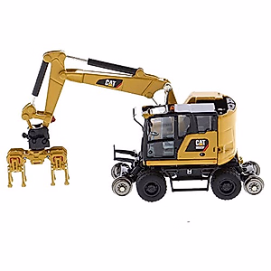 1:87 Caterpillar M323F Railroad Wheeled Excavator - Cat Yellow Version - (HO) High Line Series Model by Diecast Masters - 85656 - with Bucket, Ballast Tamper, and Rail Clamshell Bucket Attachments