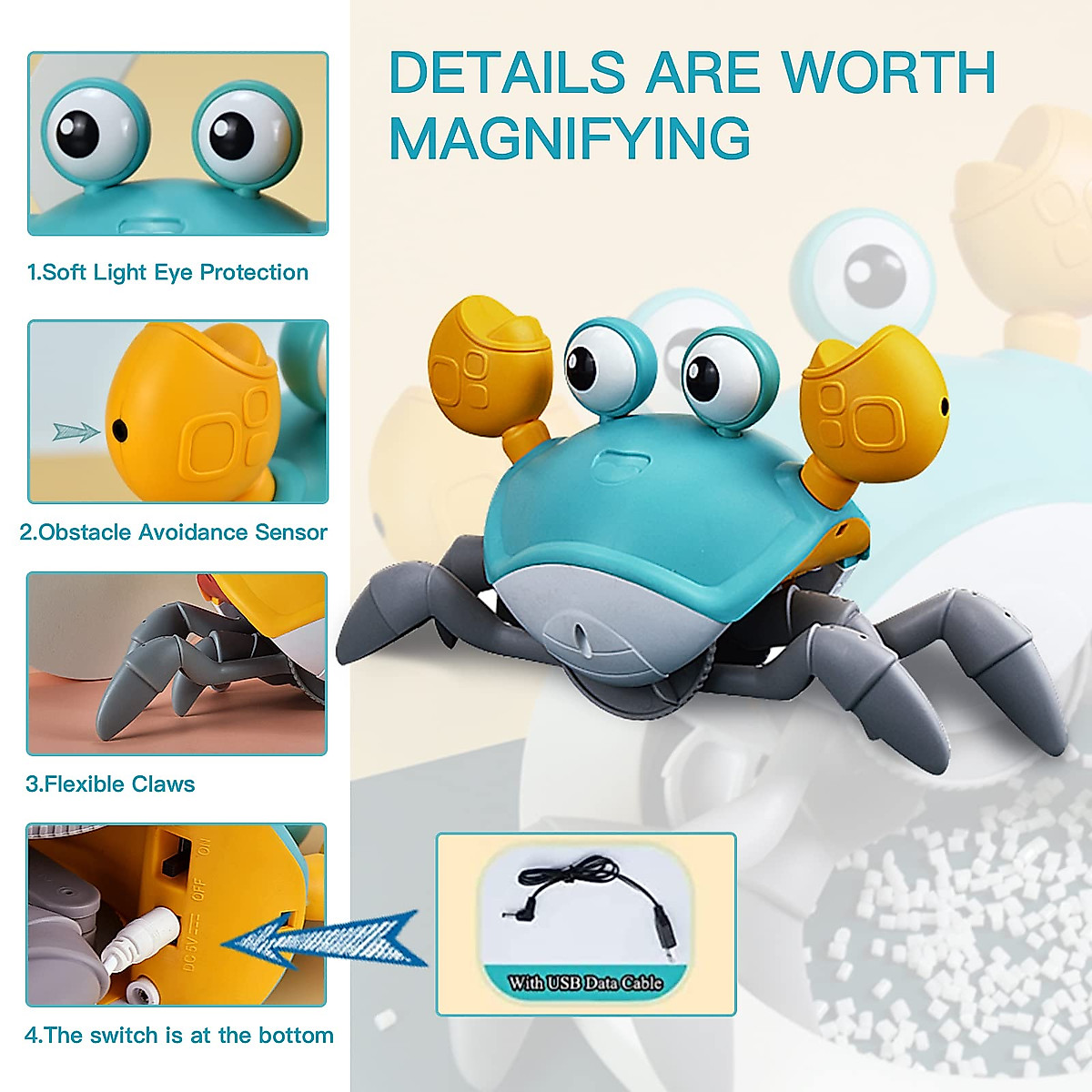 DASDSA Crawling Sensory Tummy time Toys for 1 Year Old boy Girl,Walking Crab Baby Toys Moving Dancing with Music and Light,Avoid Obstacles, Interactive Development