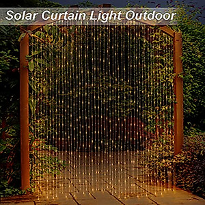 300 LED Solar Curtain Light Outdoor Remote Control 8 Lighting Modes Fairy Lights, IP65 Waterproof Copper Wire Lights for Christmas Party Wedding Home Bedroom Garden Wall Decorations (Warm)
