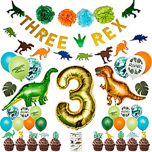 Three Rex Birthday Party Decorations - 3 rex birthday decorations boys w/ 2 dinosaur birthday banner - three rex balloons - 3rd birthday decorations for boys - three rex birthday party decorations boy