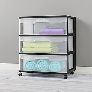 Sterilite 29309001 Wide 3 Drawer Cart, Black Frame with Clear Drawers and Black Casters, 1-Pack