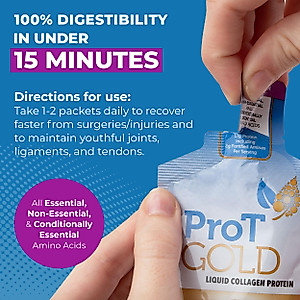 ProT Gold Liquid Collagen Protein Shot, 17g Clear Protein Nano-Hydrolyzed Grass Fed Collagen, 2g Arginine for Wound Support, Gluten Free, Sugar Free, 0g Carbs, Non GMO, Berry, 1 fl oz, 24 Pack