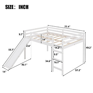 Full Loft Beds with Slide, Low Loft Bed Frame with Ladders Modern Fun Junior Loft Bed for Kids Boys Girls, White