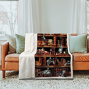 Dropshipful Bookshelf Cat Throw Blanket 50"x60" Plush Fluffy Sherpa Fleece Blanket Soft Throws for Sofa, Couch and Bed